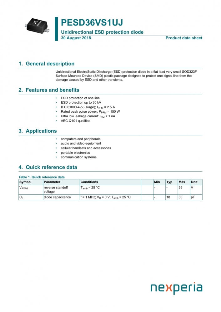 PESD36VS1UJ datasheet page 1