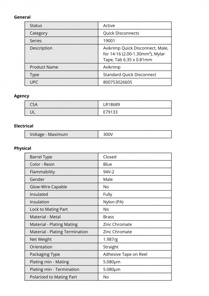 Product document page 2 for MOLEX 190010007