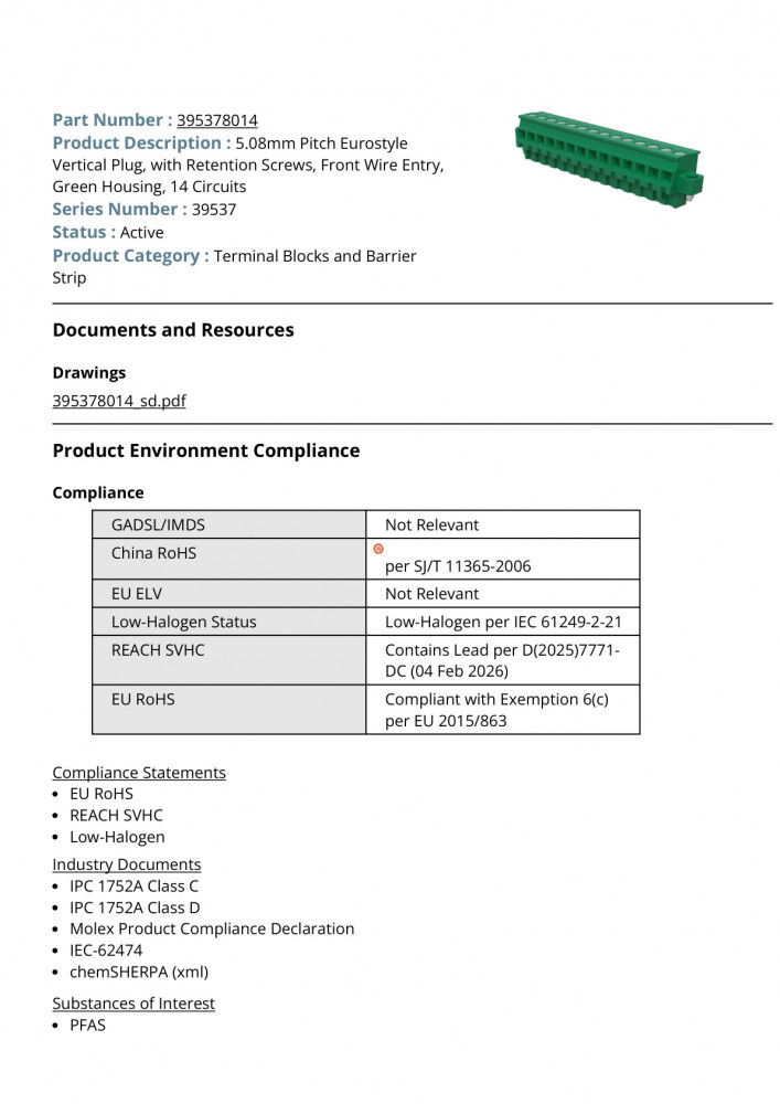 MOLEX 39537 series drawing, page 1