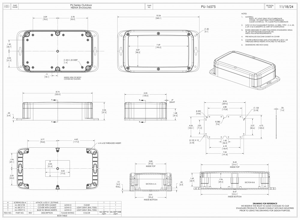 Bud Industries PU Series enclosure technical drawing page