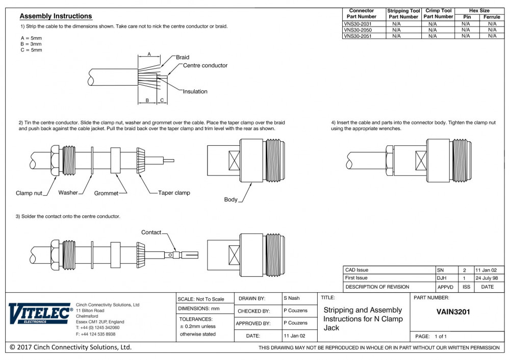 CINCH VNS30-2051 stripping and assembly instruction page