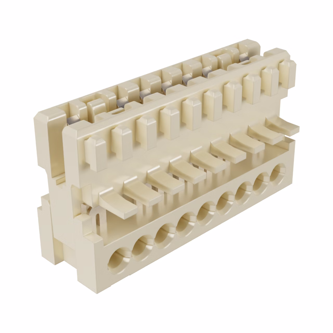 Appli-Mate RAST 2.5 Connector, 2.50mm Pitch, Female, 7 Circuits, Positions A and H Removed, Polarizing Rib Between 4/5, Locking Pips, Slotted Endwalls, Tin Plating