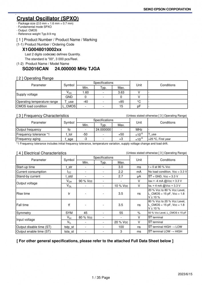 EPSON datasheet page 1