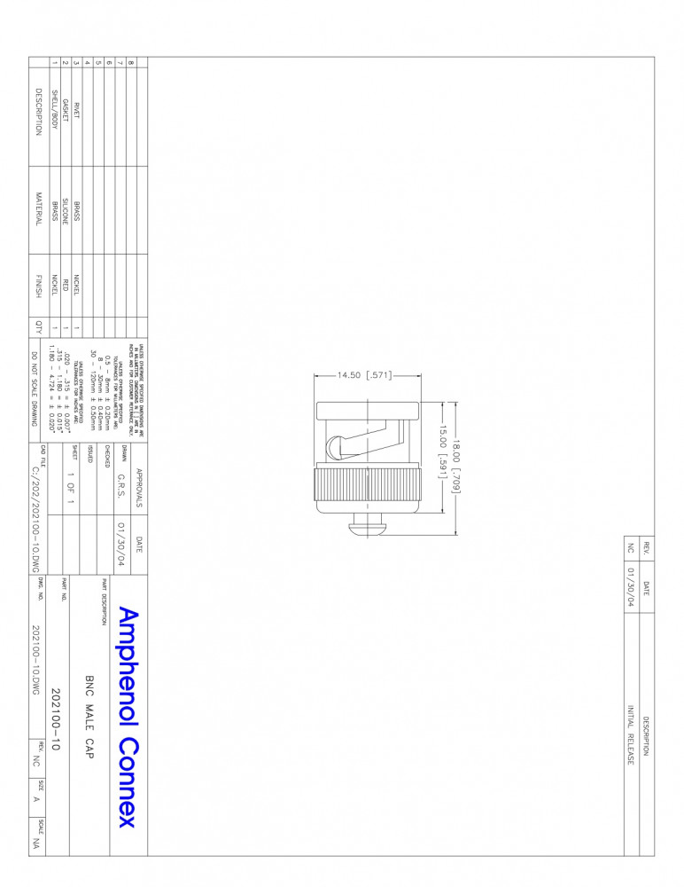 Amphenol 202100-10 BNC male cap technical drawing