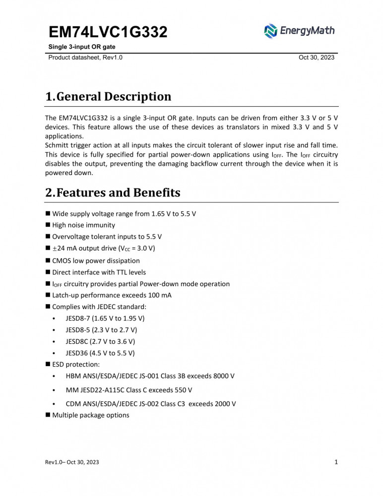 EM74LVC1G332GW datasheet page 1