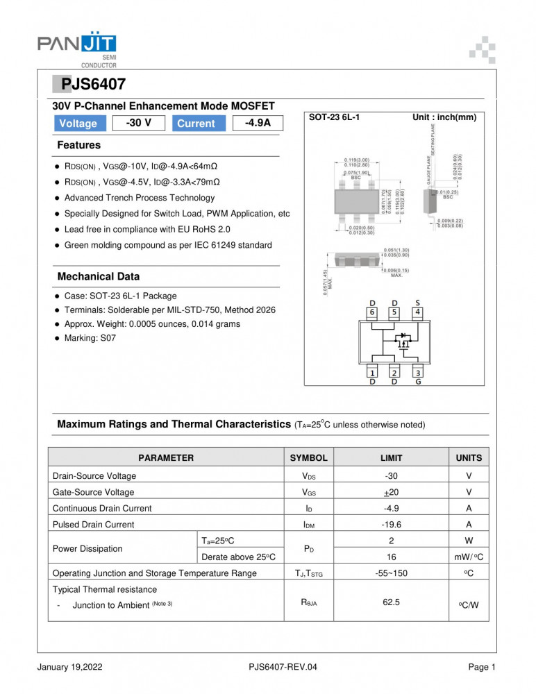 PJS6407 datasheet page 1