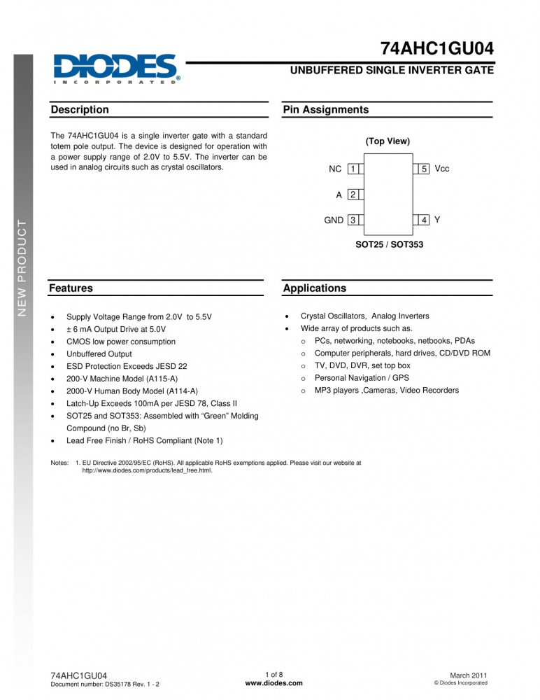 74AHC1GU04SE-7 datasheet page 1