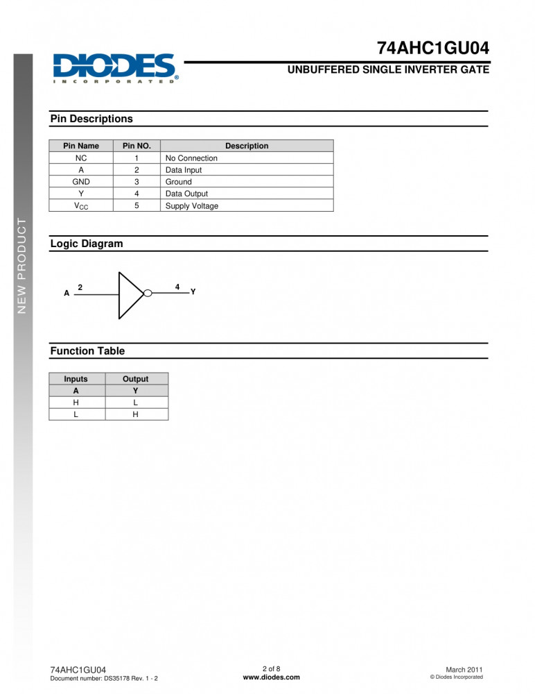74AHC1GU04SE-7 datasheet page 2