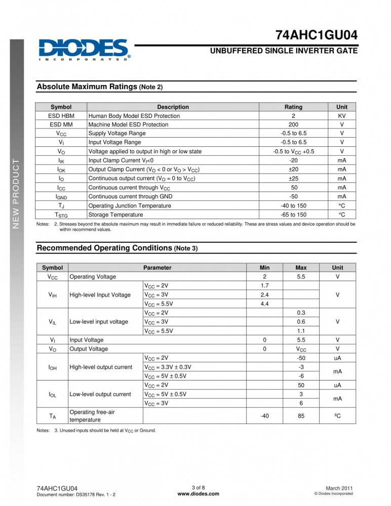 74AHC1GU04SE-7 datasheet page 3