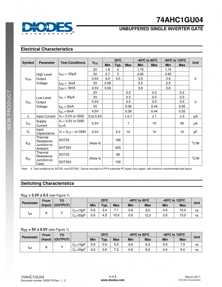 74AHC1GU04SE-7 datasheet page 4