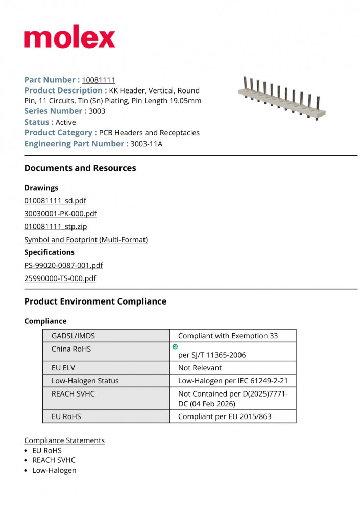 Molex connector specification document preview, page 1