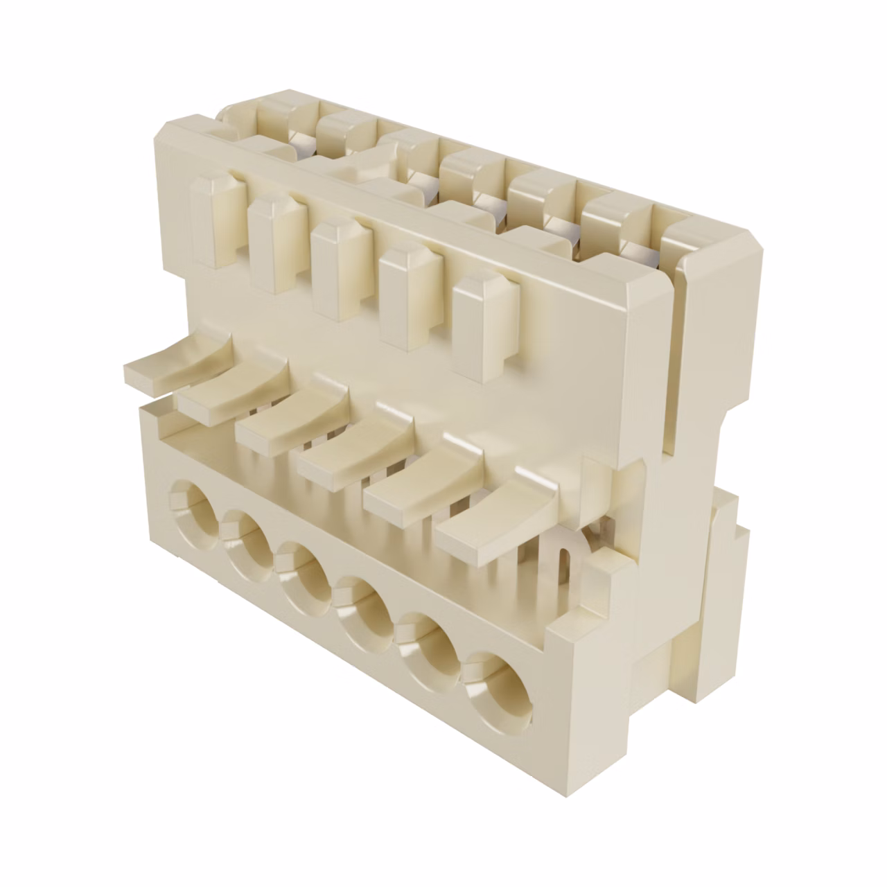 Appli-Mate RAST 2.5 Connector, 2.50mm Pitch, Female, 6 Circuits, Positions A and G Removed, Polarizing Rib Between 2/3, Locking Pips, Slotted Endwalls, Tin Plating for sale