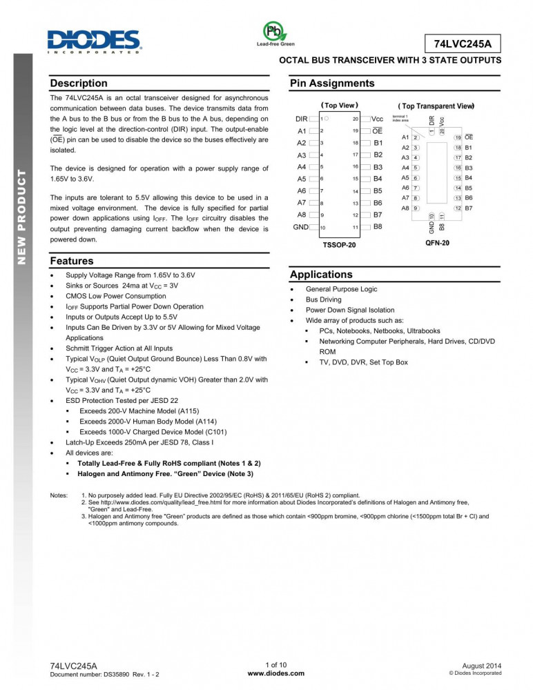 74LVC245AT20-13 datasheet page 1