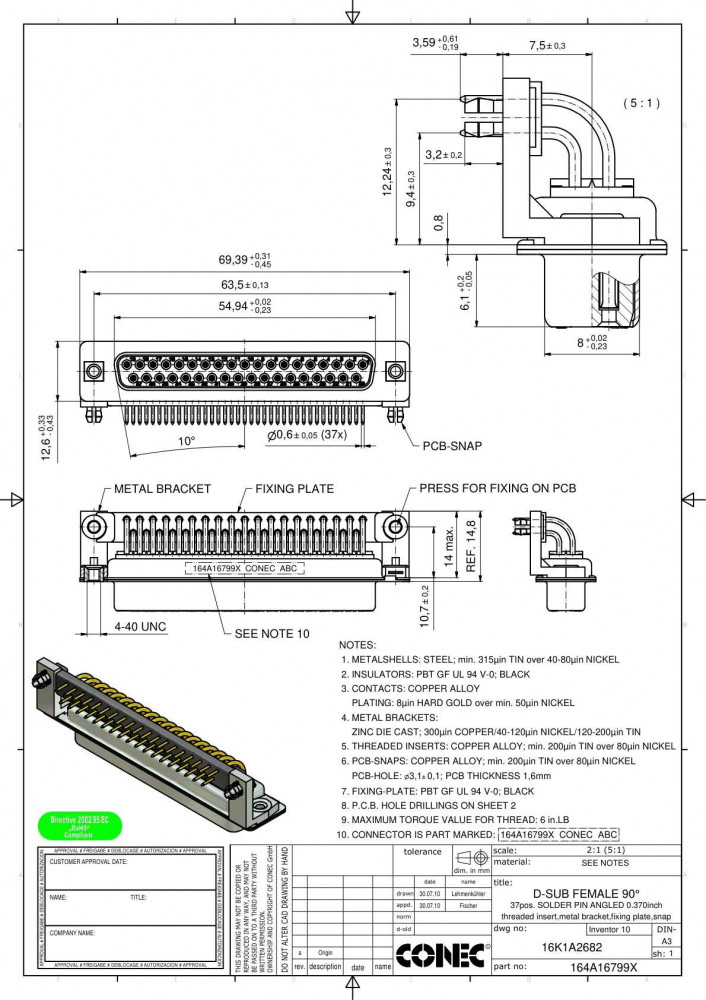 CONEC 164A16799X drawing, sheet 1: 37-position right-angle female D-Sub connector