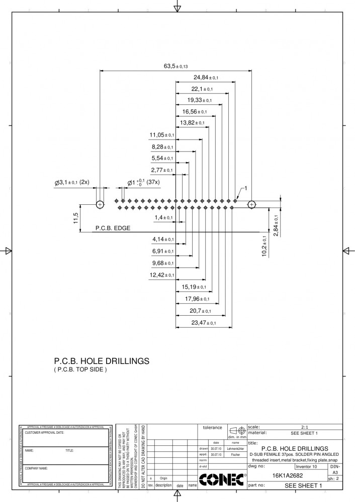 CONEC 164A16799X drawing, sheet 2: PCB hole drilling layout