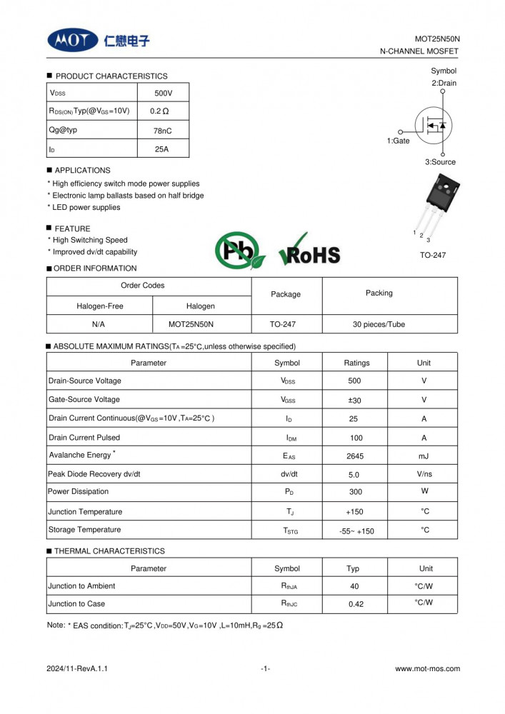 MOT25N50N datasheet page 1