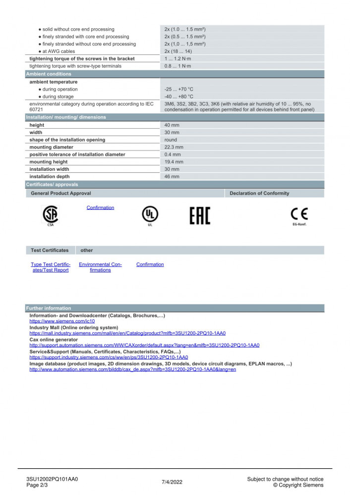 SIEMENS 3SU12002PQ101AA0 datasheet page 2