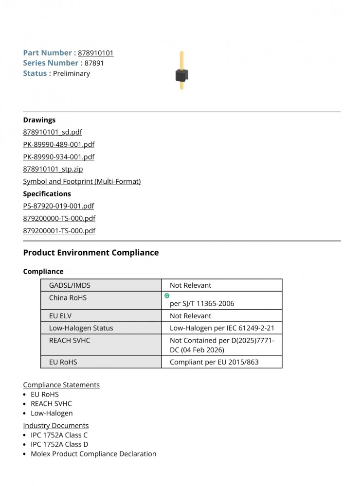 Technical document image 1 for MOLEX 878910101