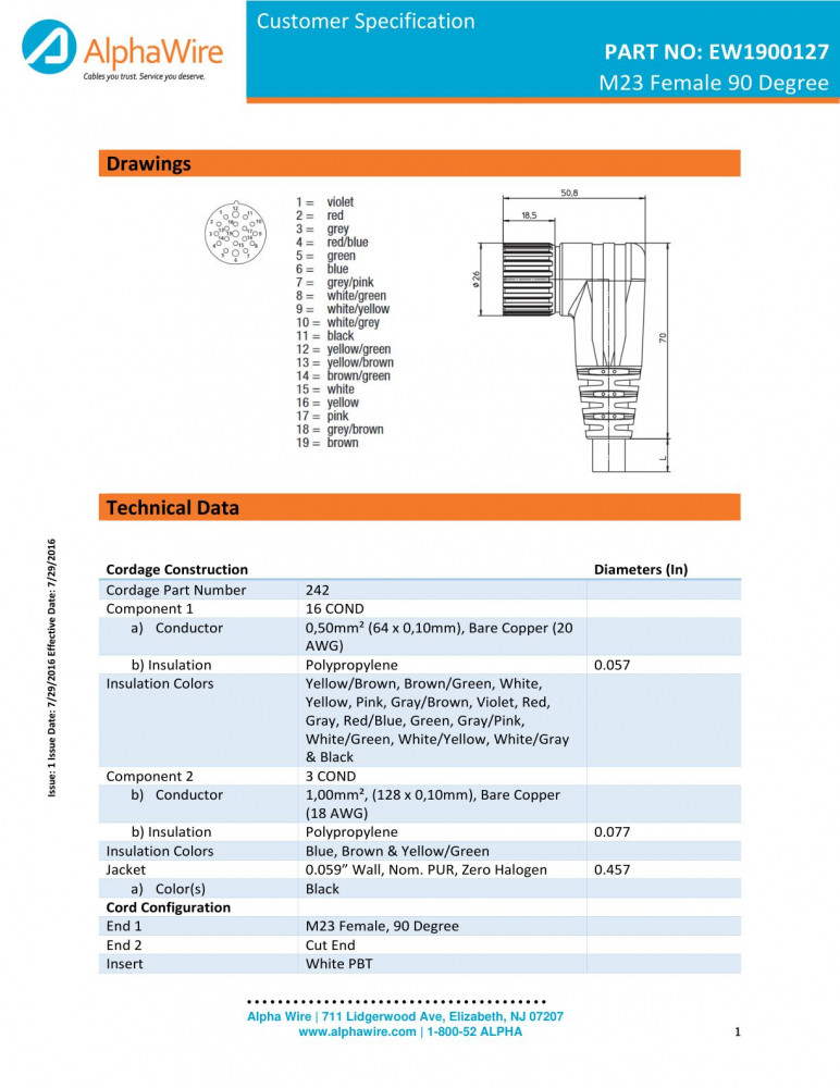Alpha Wire EW1900127 connector and pinout drawing