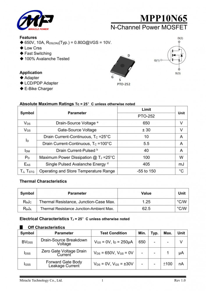 MPP10N65 datasheet page 1