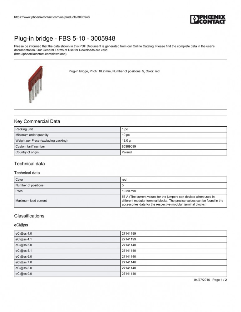 Phoenix Contact FBS 5-10 3005948 product document page 1