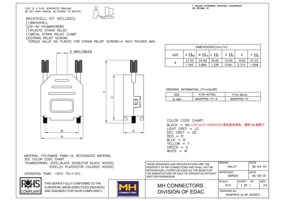 MH CONNECTORS MHDPPK9 slim series technical drawing