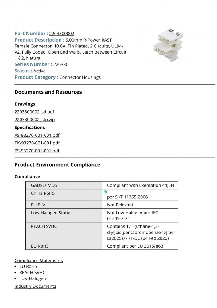 MOLEX 2203300002 technical document preview, page 1