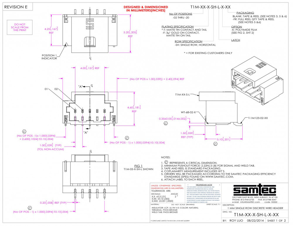 Samtec T1M-04-F-SH-L technical drawing page 1