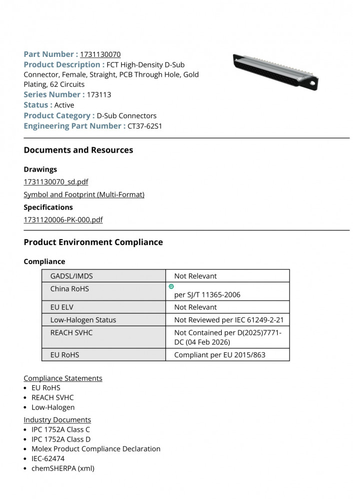 MOLEX 1731130070 technical document, page 1