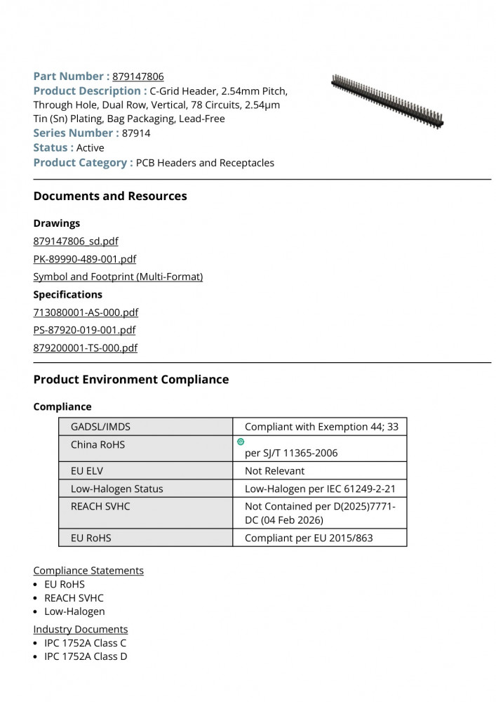 Technical document page 1 for MOLEX 879147806