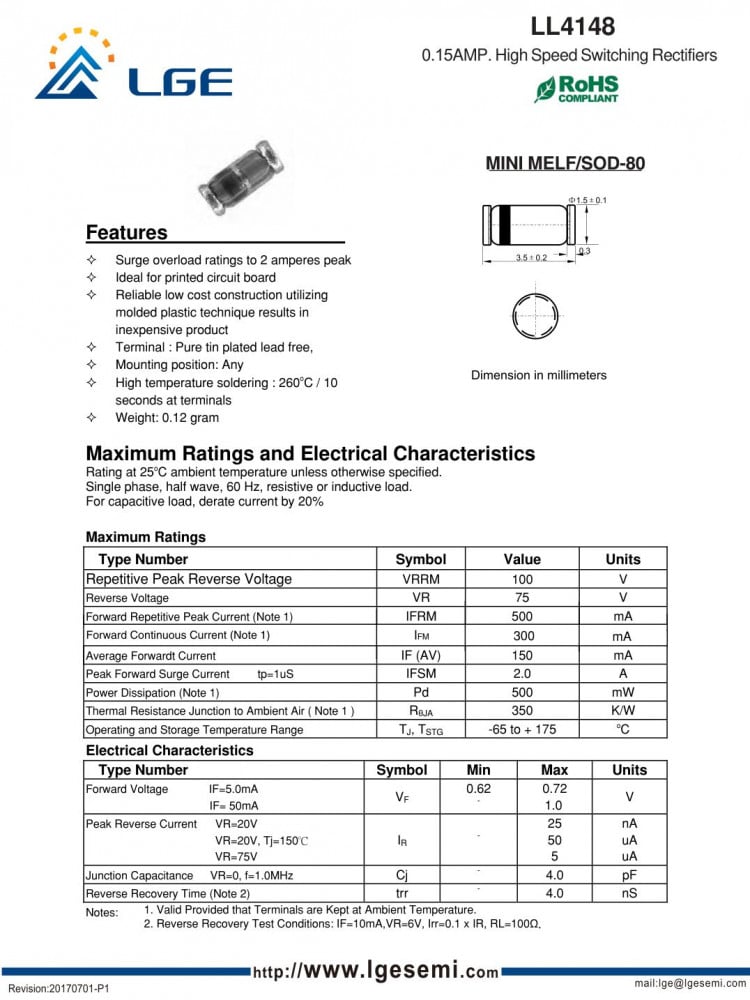 LGE LL4148 datasheet page 1