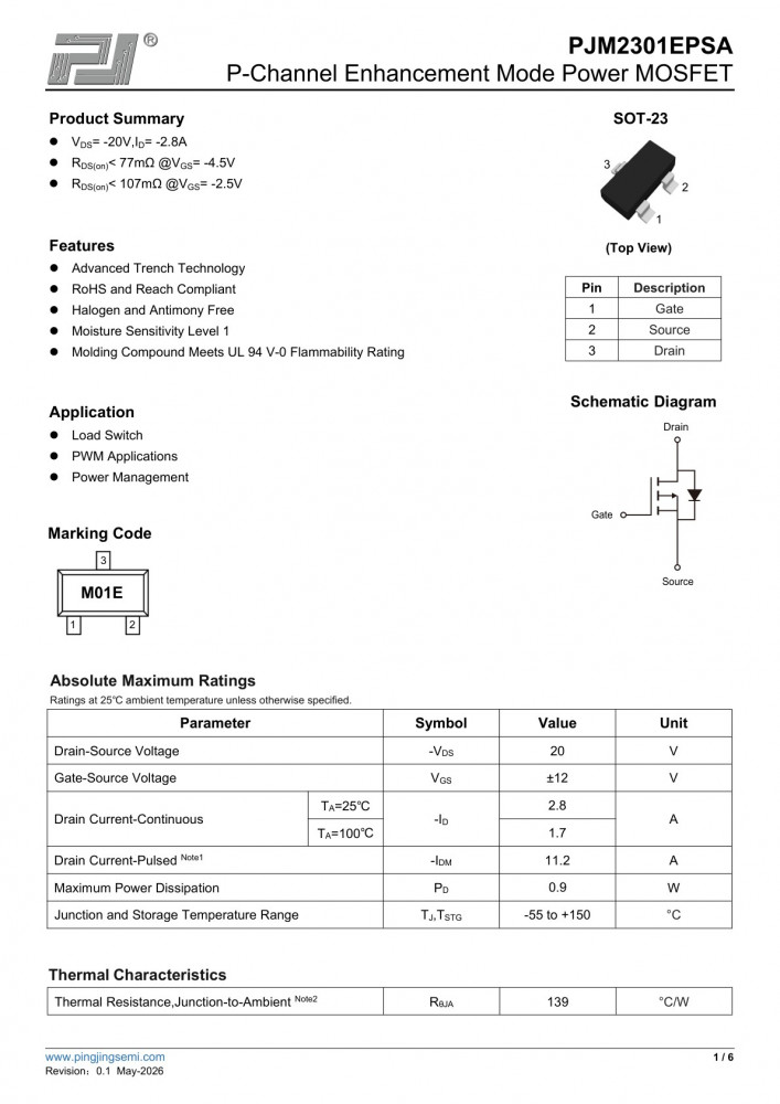 PJM2301EPSA datasheet page 1