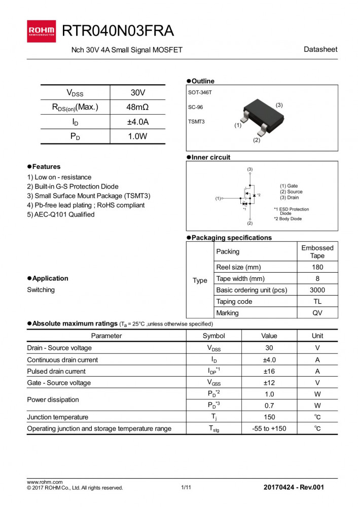 RTR040N03FRATL technical document page 1