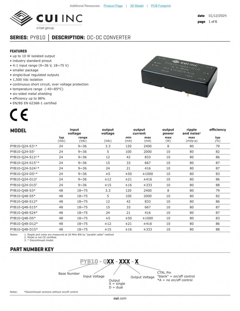 CUI PYB10 series datasheet page 1