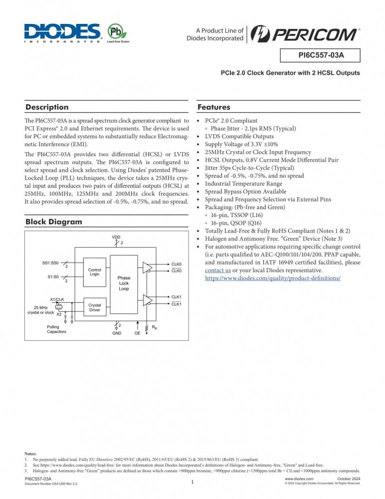 PI6C557-03ALEX datasheet page 1