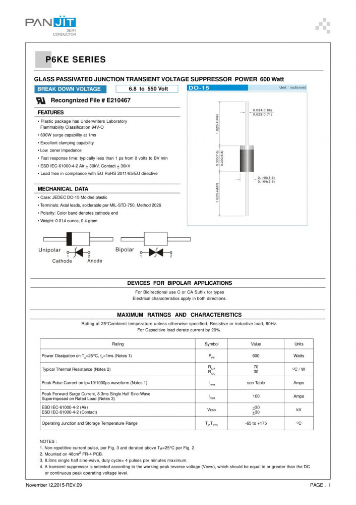 PANJIT P6KE series datasheet page 1