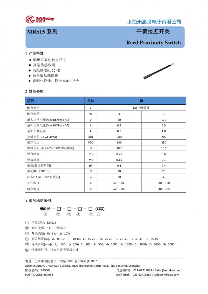 MRS15 series product characteristics and performance parameters