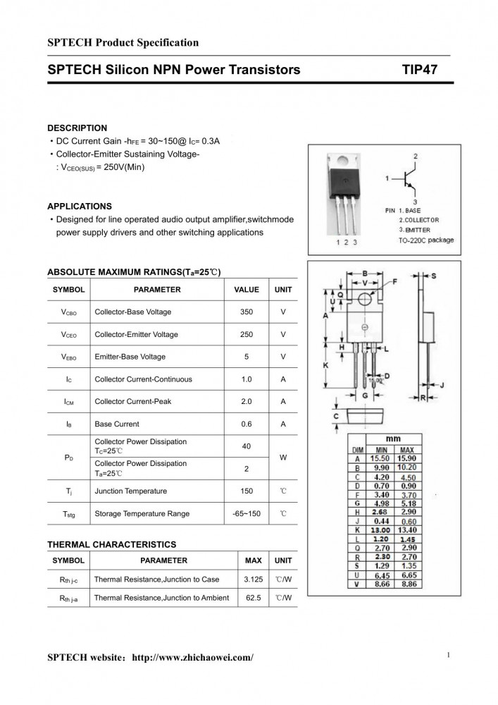 SPTECH TIP47 datasheet page 1
