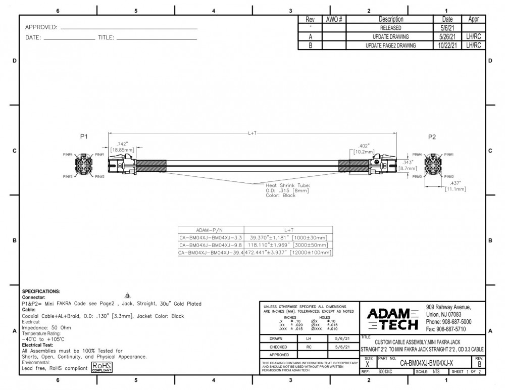 ADAM TECH cable assembly drawing, page 1