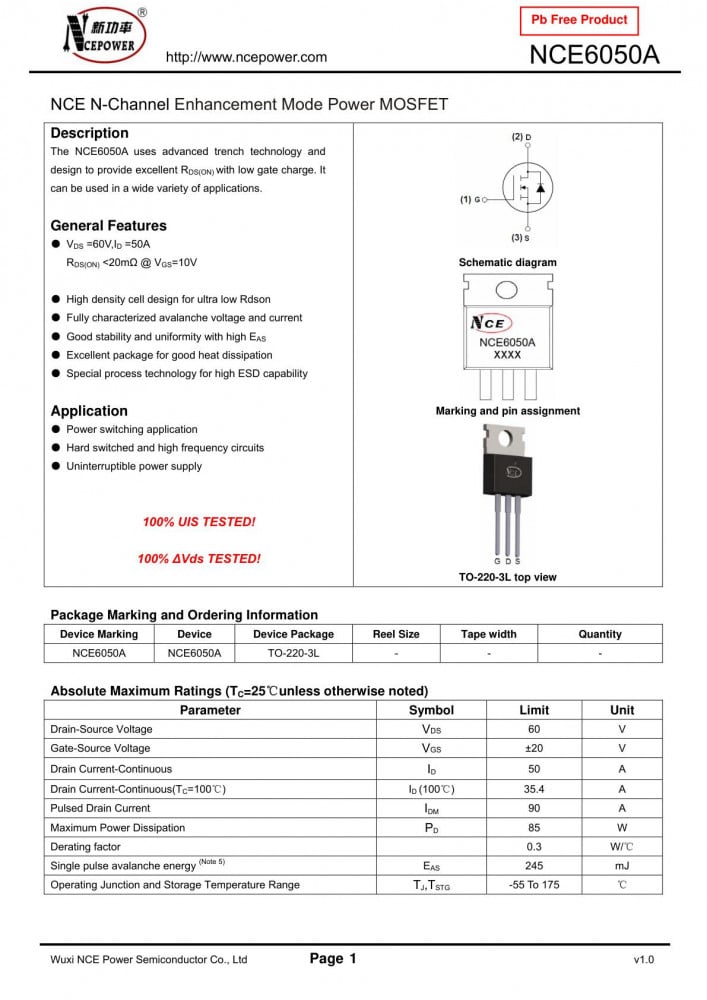 NCE6050A datasheet page 1