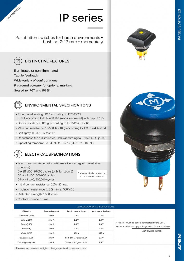 APEM IP series datasheet page 1
