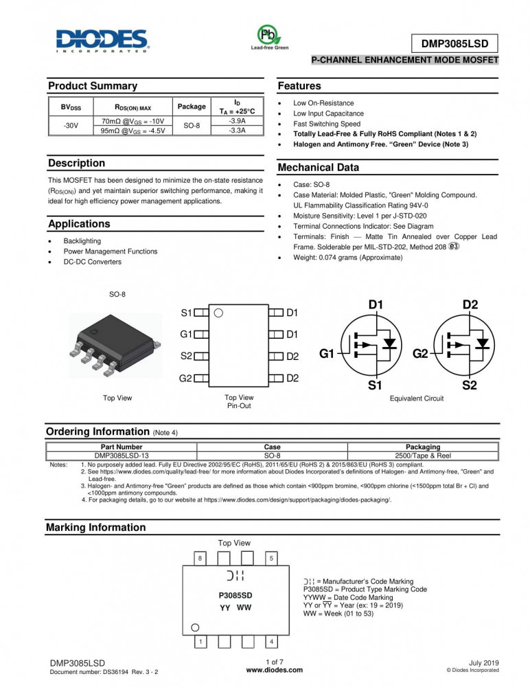 DMP3085LSD-13 datasheet page 1