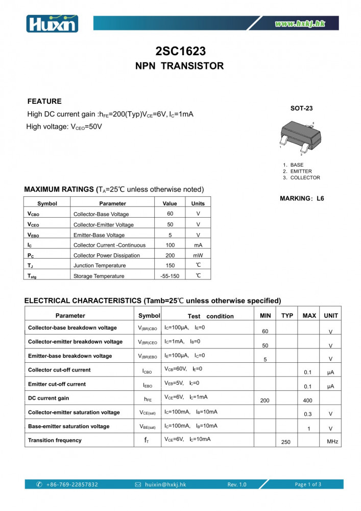 2SC1623 technical document page 1