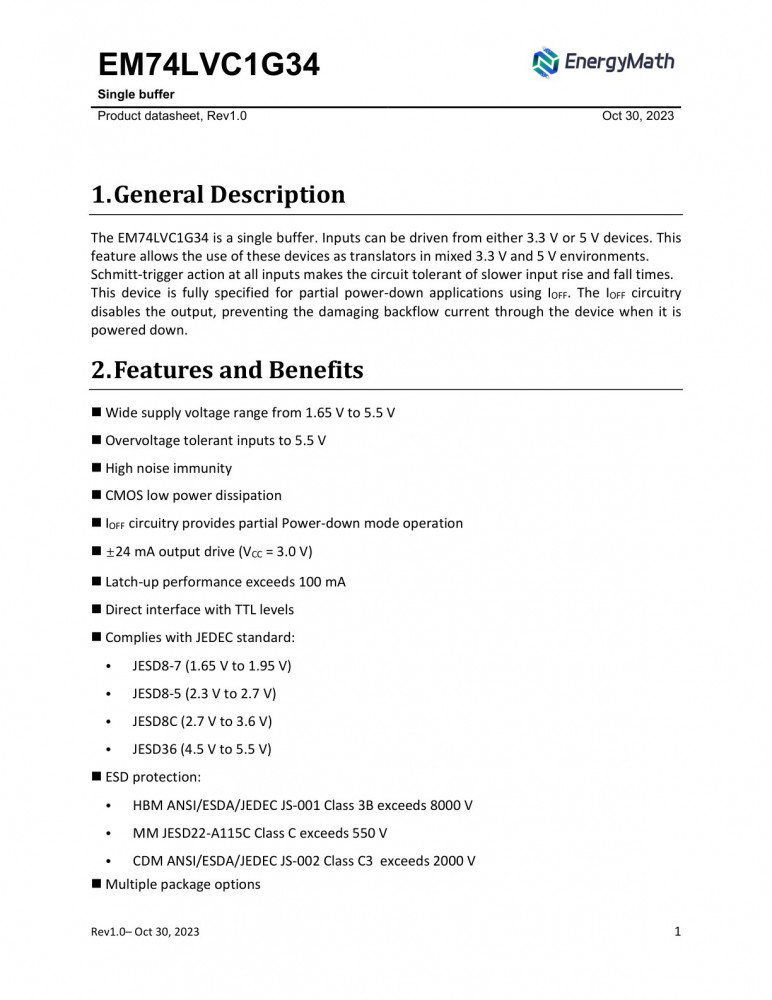 EM74LVC1G34GW datasheet page 1