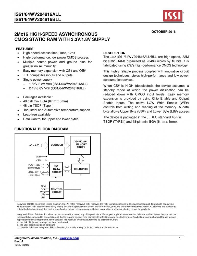 IS61WV204816BLL datasheet page 1