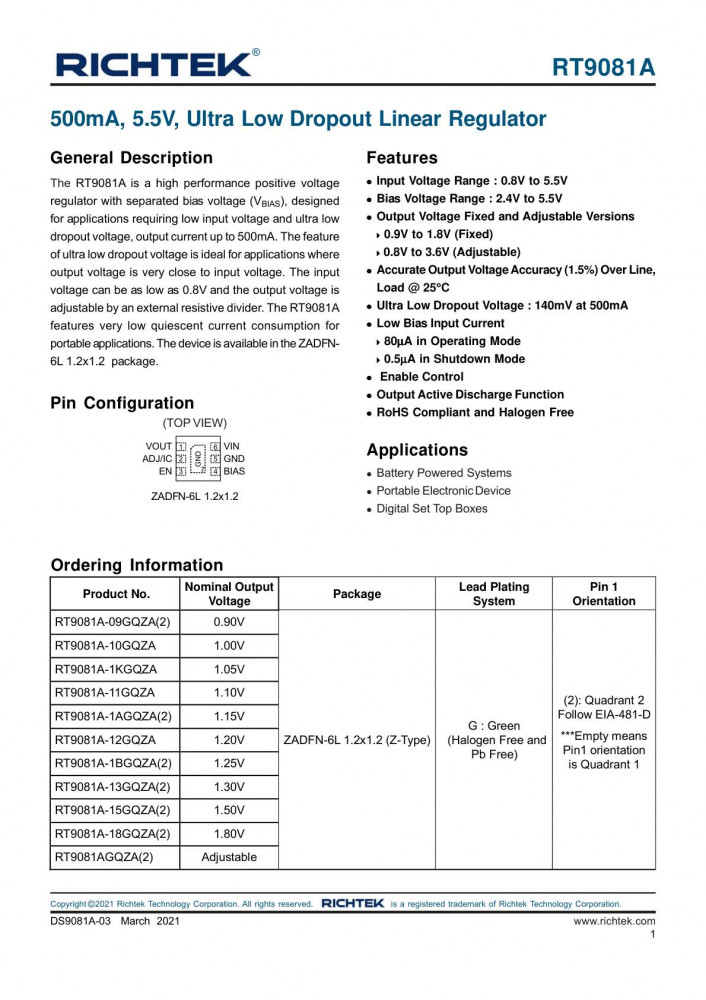 RT9081A datasheet page 1