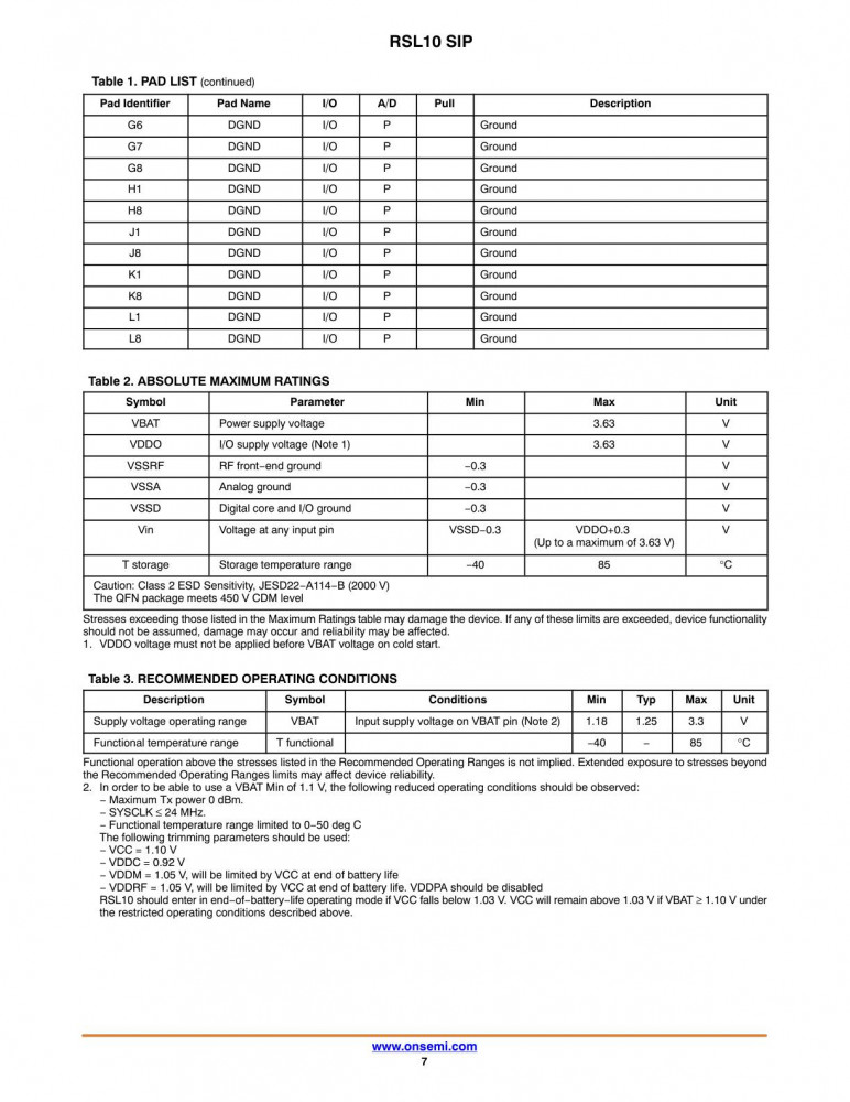 RSL10 SiP technical document page 7
