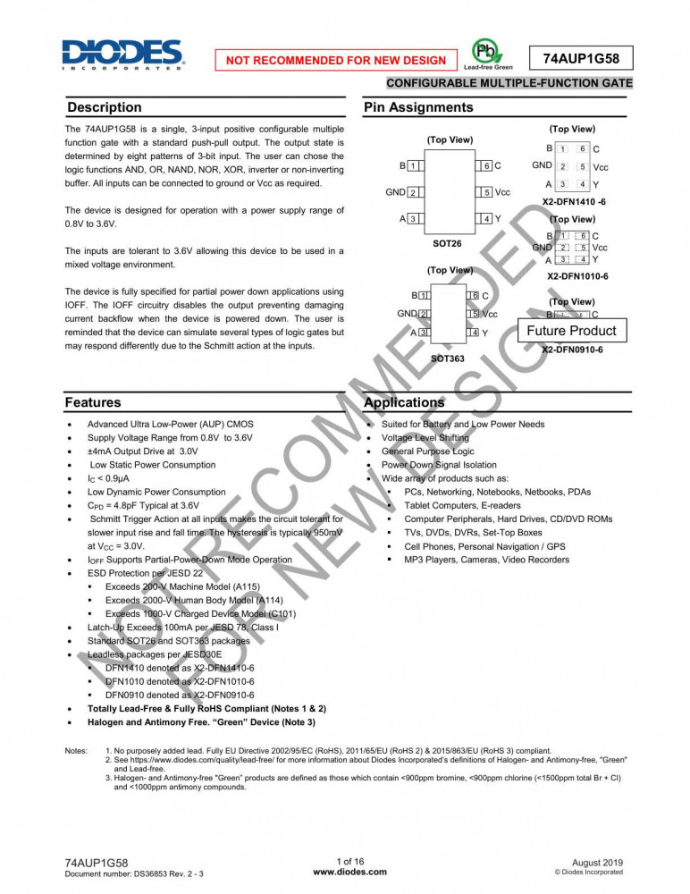 74AUP1G58FZ4-7 datasheet page 1