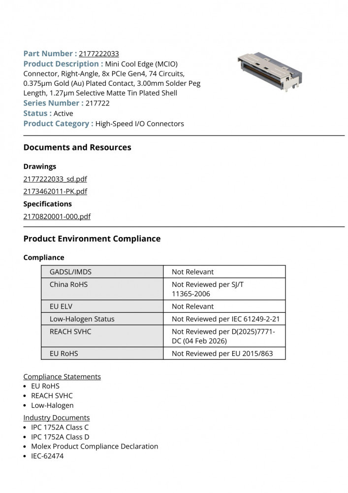MOLEX product document image 1 for 2177222033