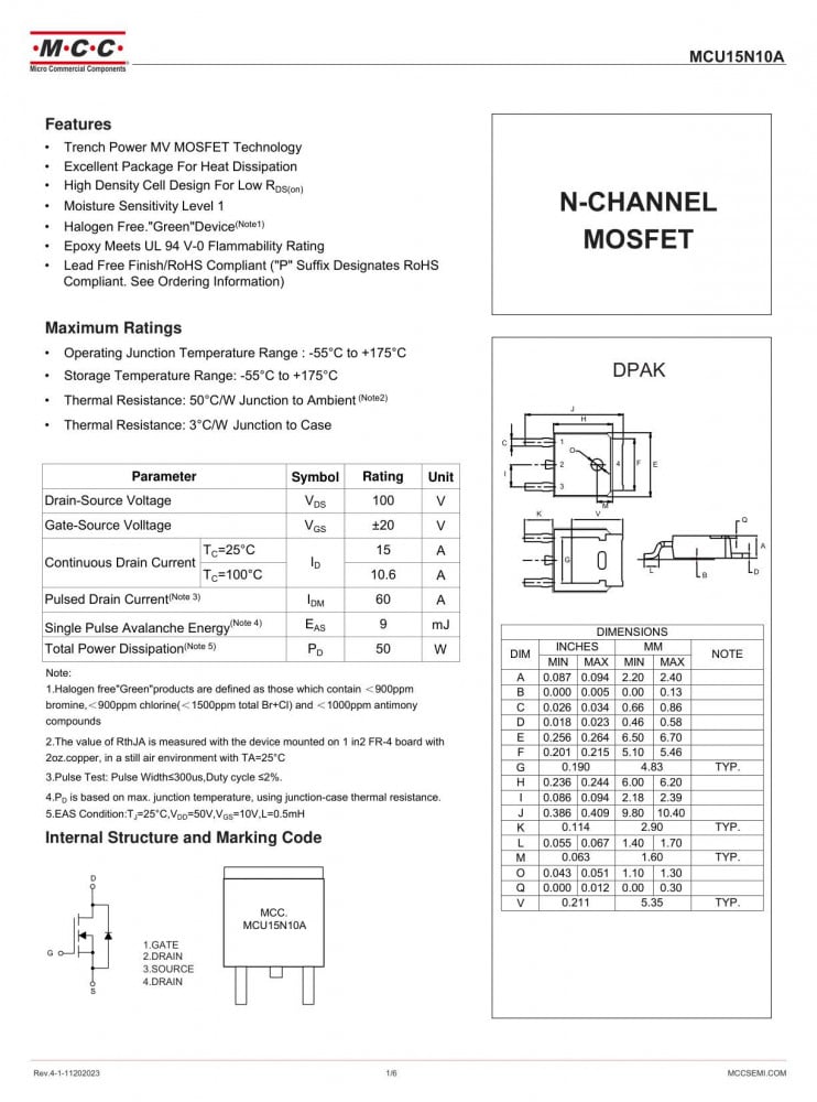 MCU15N10A-TP datasheet page 1
